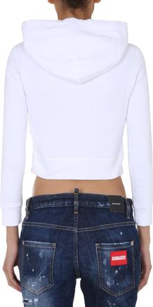 Dsquared2 Cropped Cotton Drawstring Hood Sweatshirt - White