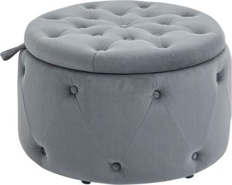 HOMCOM Sitzhocker mit Stauraum, Polsterhocker Aufbewahrungsbox mit Deckel, Runde Ottomane, Sitztruhe mit Samtoptik, Kn&ouml;pfen f&uuml;r Wohnzimmer, Grau, &Oslash;60 x 40 cm