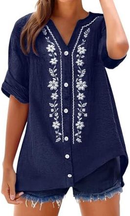 Generic Chemise en lin &agrave; manches courtes pour femme - T-shirt d&eacute;contract&eacute; &agrave; col en V Boha - Coupe ample - Col Henley - Chemise d&eacute;t&eacute; tendance r&eacute;tro ethnique, b