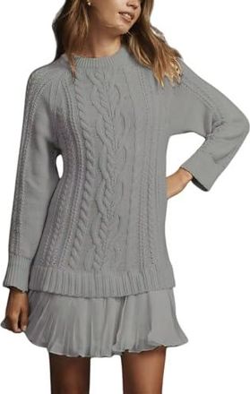Generic Robe pull d&eacute;contract&eacute;e en tricot torsad&eacute; &agrave; col roul&eacute; pliss&eacute; pour femme, gris, 3XL