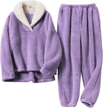 Generic Ensemble de pyjama en polaire pour femme - 2 pi&egrave;ces - V&ecirc;tement de nuit pelucheux pour lhiver, violet, XXL