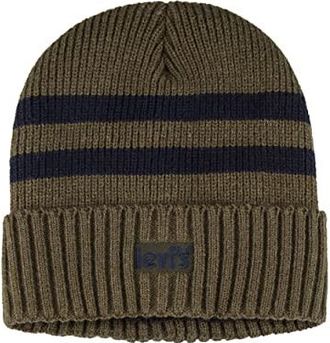 Levi's Cozy Knit Cuffed Logo Patch Beanie Hats Bonnet, Rayé Vert Olive, Taille Unique Homme