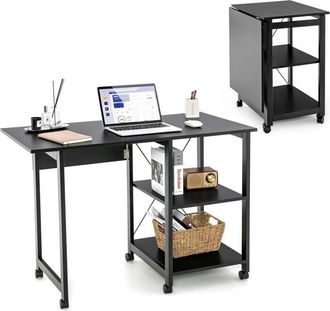 Costway Bureau Pliable pour Ordinateur, Table de Travail à 3 Niveaux avec 2 Étagères de Rangement, 6 roulettes Universelles 3 Verrouillables, Compact