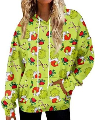 Generic Le Grinch Sweat A Capuche Femme Plaid Chaud Sweatshirts Femmes Polaire Noel De Adulte Christmas Hiver Oversize Costume Pyjama Pilou Vêtements Noël Vet