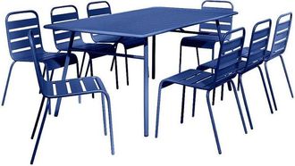 Vente-Unique Salle &agrave; manger de jardin en m&eacute;tal - une table L.200 cm et 8 chaises empilables - Bleu nuit - MIRMANDE de MYLIA