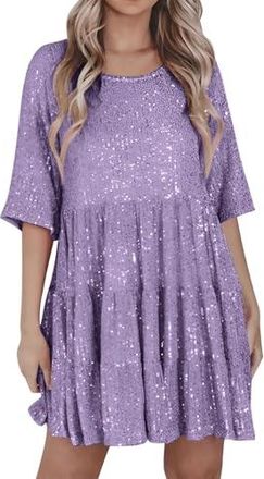 Generic Robe d&eacute;contract&eacute;e &agrave; manches courtes pour femme - Col en V - Taille haute - Robe fluide et mignonne &agrave; &eacute;paules d&eacute;nud&eacute;es, violet, L