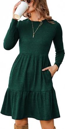 Zeagoo Robes pour Femmes Robe A-Line à Manches Longues et Jupe au Genou Robe dautomne Élégante à Col Rond Verte XXL