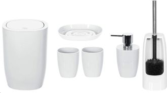 Spirella Badezimmer Set, 6-teiliges Badzubehör Pure Kosmetikeimer Seifenspender, WC Bürste, Seifenschale, Aufbewahrungsdose und Zahnputzbecher Weiß