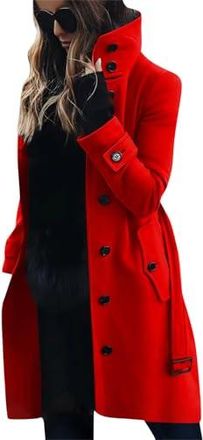 TOMWELL Femme Manteau Jacket Bouton Revers Veste Chaud Trenchcoat Manches Longues Cardigan Blazer Manteau OL Vintage Couleur Unie Trench Coat Jacket A Rouge X