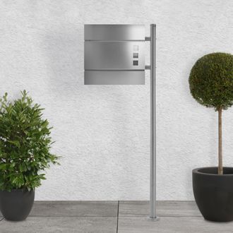 ECD Germany Standbriefkasten mit Zeitungsfach, Design Briefkasten mit Pfosten, Standfuß freistehend, Briefkastenanlage, Briefkastenständer Silber Edelstahl, Postk