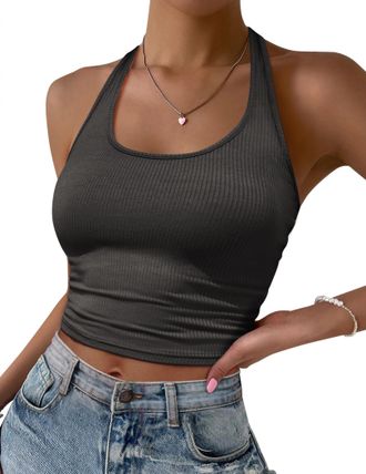 Ekouaer EkouaerNeckholder Top Damen Crop Tops Tank Top Sommer Oberteil R&uuml;ckenfrei Tank Top Slim Fit, Dunkelgrau L