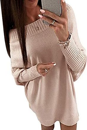 ORANDESIGNE Mini Robe en Maille Chauve Souris Manches Longues Ample Décontracté Femme Pull