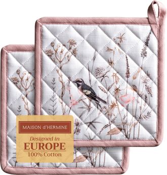 Maison d'Hermine Topflappen 100% Baumwolle Ostern hitzebeständig Set mit 2 Topflappen (20cm x 20cm) Hot Pads mit Schleife zum Grillen, Kochen, Grillen, Meadow Florals 