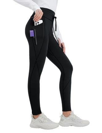 Baleaf Thermo Leggings Damen Fleece gef&uuml;tterte Hose Taille Wasserdicht Thermal Winter Kn&ouml;chel Zip Ski Wandern Hose mit Tasche Schwarz XL