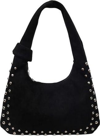 Generic Grand sac &agrave; bandouli&egrave;re r&eacute;tro en daim synth&eacute;tique avec rivets pour femme, voyage, hiver, automne, Noir, 16.54*5.31*11.81inch