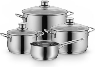 WMF Diadem Plus Topfset Induktion 4-teilig, Kochtopf Set mit Glasdeckel, breiter Sch&uuml;ttrand, Cromargan Edelstahl poliert, Induktions T&ouml;pfe Set unbeschicht