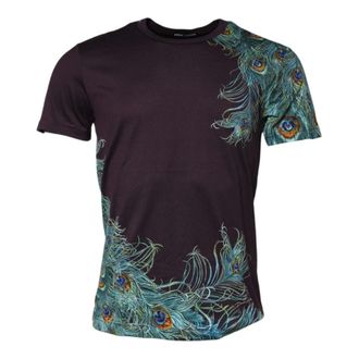 Dolce & Gabbana Homme, Tops, Violet, Taille: 5XL T-shirt ras du cou avec motif plumes de paon