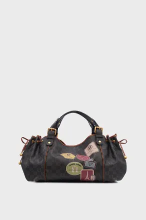 Gerard Darel Sac &agrave; main en toile enduiteet cuir sign&eacute; de patchs imprim&eacute;s - 24H