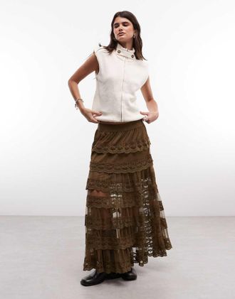 AllSaints Maggie Midirock aus Mesh mit Stufenvolants und Spitzendetail in Khaki-Gr&uuml;n