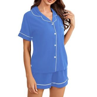 Generic Ensemble de pyjama 2 pièces pour femme, ensemble de pyjama à manches courtes, vêtements de nuit tendance TP à XL, bleu, XS