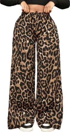 SOLY HUX Hosen Damen Lang Y2k Leoprint Freizeithose Breite Bein Casualhose Hohe Elastischer Bund Geradehose Palazzo Pants Herbst Outfit Leoparden L