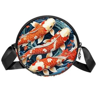 Generic Sac &agrave; bandouli&egrave;re circulaire pour femme, motif koi, petit sac &agrave; bandouli&egrave;re avec fermeture &eacute;clair, bretelles r&eacute;glables, sac &agrave; main rond d&eacute;contract&eacute; po