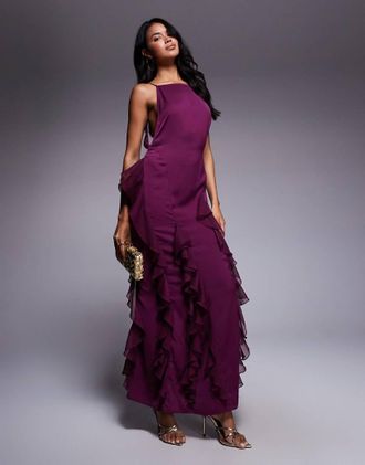 Asos Hochgeschlossenes Satin-Maxikleid in Pflaume mit tiefem R&uuml;cken und R&uuml;schen aus Chiffon-Mix-Lila