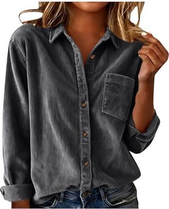 Generic Chemises en velours c&ocirc;tel&eacute; pour femmes &agrave; manches longues avec col et boutons - Blouse oversize de style boyfriend avec poches - Vestes chemisiers, gri