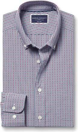 CHARLES TYRWHITT Bügelfreies Hemd aus Stretch-Popeline mit Button-down-Kragen und Mini-Gingham-Karos - Himbeere & Blau