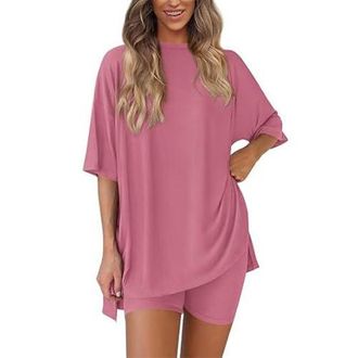 Generic Frunqui Ensemble 2 pi&egrave;ces, ensemble de pantalons d&eacute;t&eacute; pour femme, ensemble d&eacute;t&eacute; pour femme, col rond, manches courtes, rose, 3XL