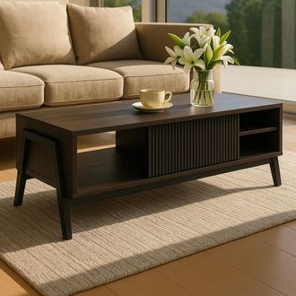 Mendler Couchtisch HWC-O40, Wohnzimmertisch Sofatisch, Staufächer Schiebetür MDF Metall Melamin 42x120x60cm - Walnuss-Optik