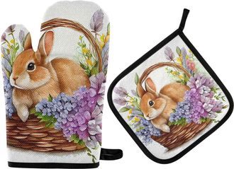 Mnsruu Ofenhandschuhe und Topflappen-Set, Hase, Lavendel, Kaninchen, Ofenhandschuhe, hitzebest&auml;ndig, f&uuml;r die K&uuml;che, Thekensichere Matten, Ofenhandschuhe, rut