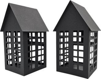 Meinposten Windlicht Metall Haus schwarz 2er Set Teelichthalter Deko Laternenhaus 21 cm Kerzenhaus Teelichthaus Lichterhaus