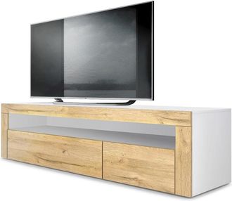 Vladon Lowboard Valencia, Made in Germany, TV-Kommode mit 1 offenem Fach und 2 Klappen, Weiß matt/Eiche Natur/Eiche Natur (155 x 46 x 40 cm)
