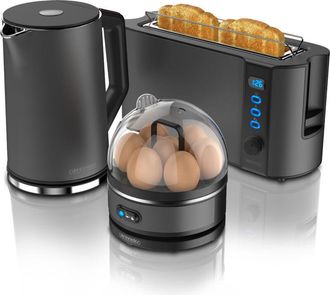 Arendo Wasserkocher mit Toaster und Eierkocher set Edelstahl Grau Wasserkocher 1,5L 40&deg; - 100&deg;C, Toaster 2 Scheiben LED-Display 6 Br&auml;unungsgrade - Arendo