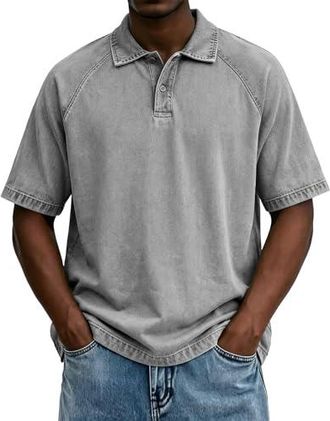 Generic Polo vieilli &agrave; manches courtes en coton d&eacute;lav&eacute; pour homme, pull vintage &agrave; col &agrave; revers, haut de sport l&eacute;ger &eacute;vacuant lhumidit&eacute;, pour la course &agrave; pied,