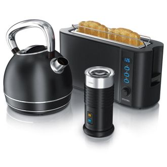 Arendo Fr&uuml;hst&uuml;cks-Set in Schwarz matt - Wasserkocher / Toaster / Milchaufsch&auml;umer - Arendo