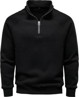 Generic Pull à fermeture éclair 1/4 pour homme - Col montant - Manches longues - Chaud - Tendance - Pull décontracté en patchwork avec poche, Noir, XXL