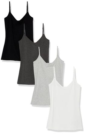 Amazon Essentials Damen Strick-Lagen-Camisole mit V-Ausschnitt in schmaler Passform (erhältlich in Übergrößen), 4er-Pack, Dunkelgrau Meliert/Hellgrau Meliert/Schwarz/We