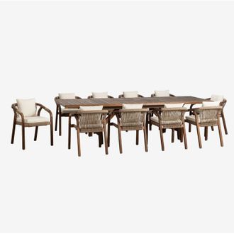 Sklum Set aus rechteckigem Tisch 200-260-320x100 cm ausziehbar und 10 Gartenst&uuml;hlen mit Armlehnen aus Akazienholz Dubai Akazienbraun dunkel