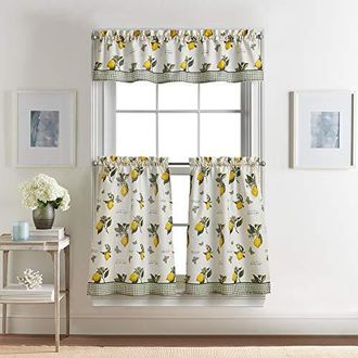 Chf Vintage Lemon 3-teiliges Küchenvorhang- und Volant-Set, 28 W x 36 L Ebenen, 56 W x 14 L Volant, Mehrfarbig gelb
