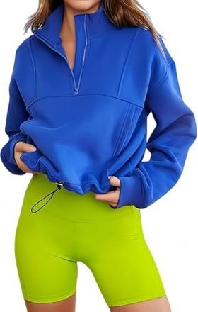 Generic Sweats doux &agrave; demi-fermeture &eacute;clair pour femme, pull court &agrave; manches longues, tenue tendance dautomne 2025 Y2k v&ecirc;tements avec poches, bleu, XXL
