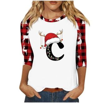 Generic Chemises de Noël pour femmes à manches longues automne/hiver avec lettres imprimées de lettres de Noël, t-shirts à manches 3/4, chemisier décontracté 