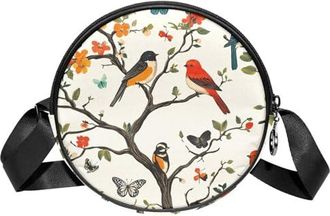Generic Sac &agrave; bandouli&egrave;re rond pour femme, motif oiseaux color&eacute;s, arbres, petit sac &agrave; dos &agrave; bandouli&egrave;re avec fermeture &eacute;clair, bretelles r&eacute;glables, sac &agrave; main