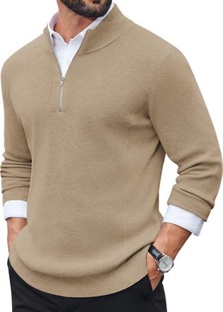 Coofandy Pullover Herren Zip Pullover Strickpullover Rollkragenpullover Langarm Winterpullover Feinstrick Sweater M&auml;nner Pulli Khaki XL