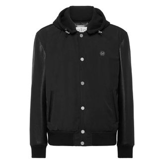 Philipp Plein Nylon & Leder Varsity Bomber Jacke mit Kapuze - - Jackets - Herren - Schwarzk - M