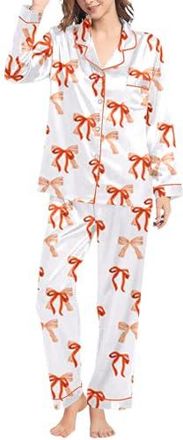 Generic Pyjama &agrave; manches longues en soie pour femme avec noeud imprim&eacute; 2026, Rouge, XXL