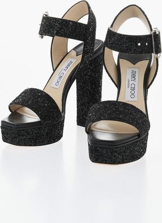 Jimmy Choo London Glitter Leather Ankle-Strap Sandals with Chunky 13cm Heel Jimmy Choo