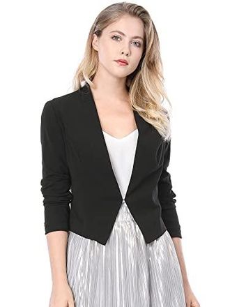 Allegra K Blazer Court décontracté sans col pour Femme, Noir, 44