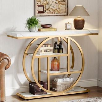 Tribesigns Console de Style Industriel de 105 cm, &agrave; 4 Niveaux avec Base Circulaire, &eacute;troite en Bois avec &eacute;tag&egrave;res de Rangement pour Salon et Couloir (Blanc/Dor&eacute;)